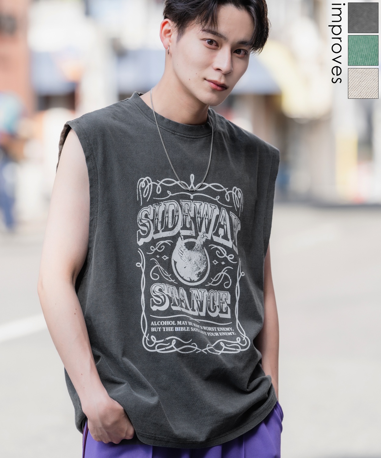 【SIDEWAYSTANCE】ラベルピグメントノースリーブTシャツ