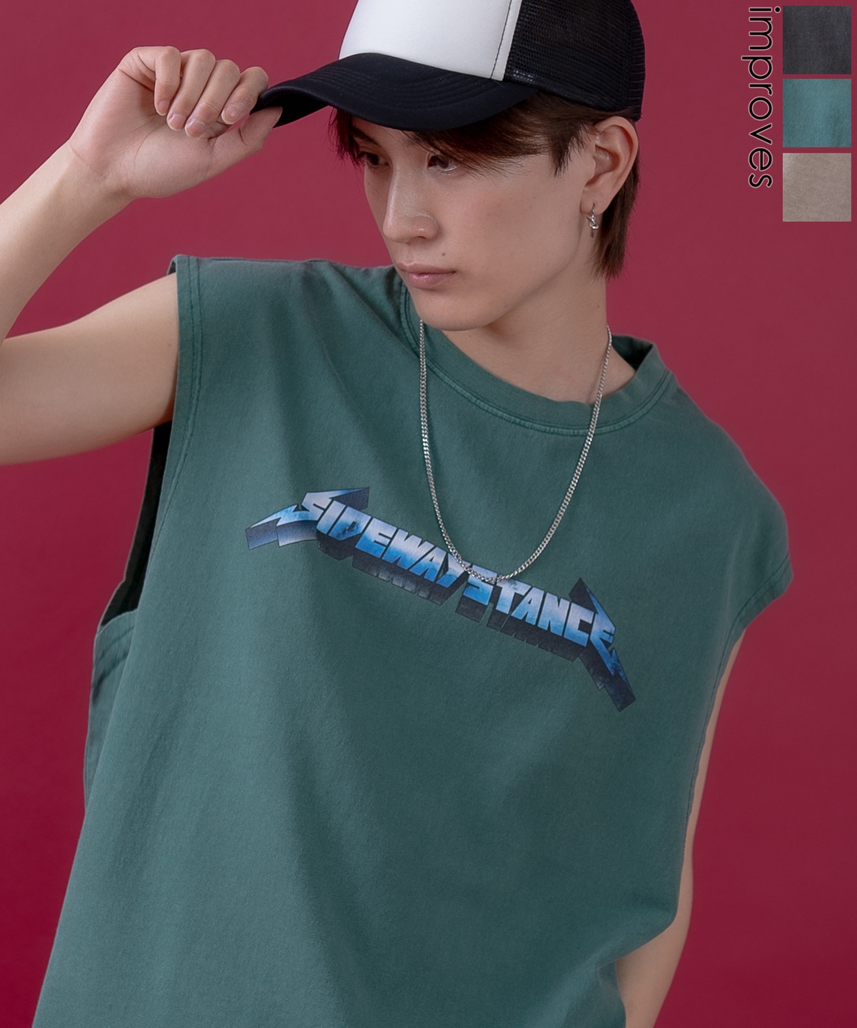 【SIDEWAYSTANCE】ロックバンドロゴピグメントノースリーブTシャツ