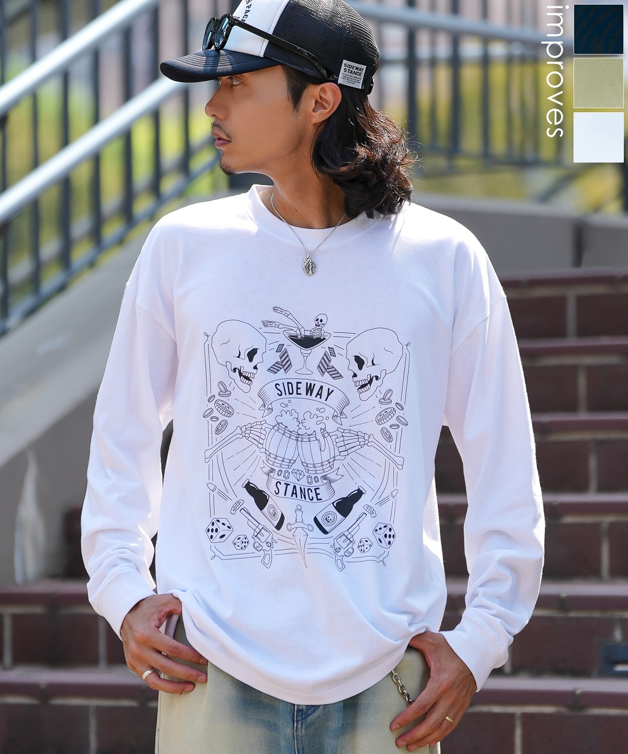 【SIDEWAYSTANCE】ドランクスカル長袖Tシャツ